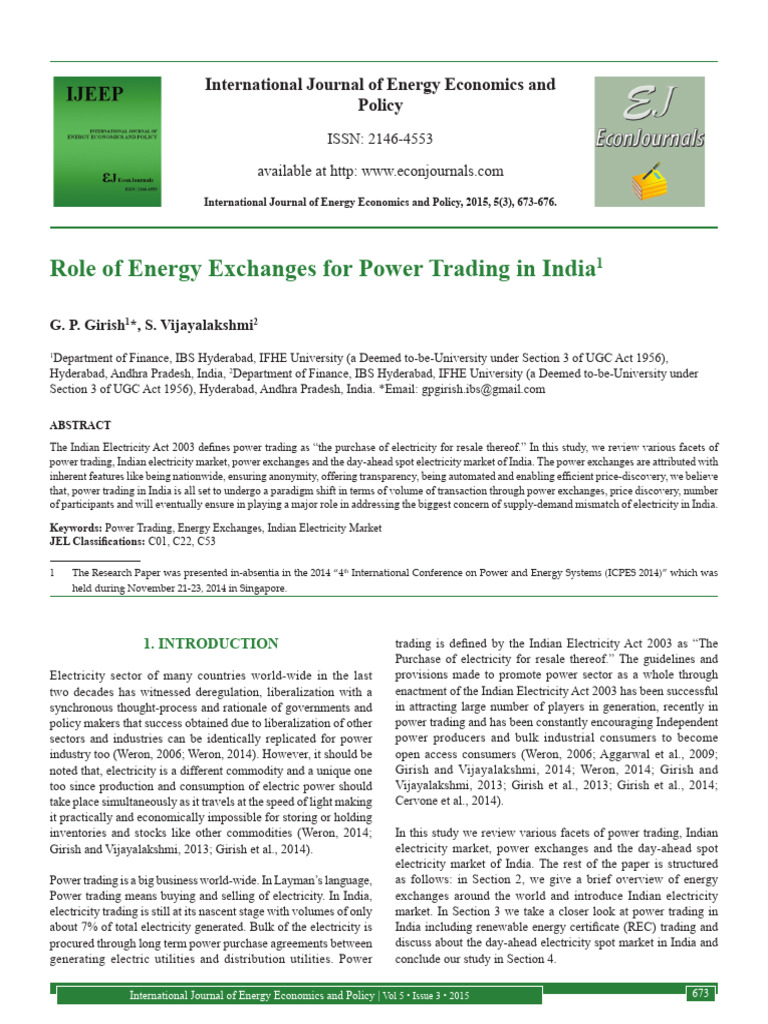 Role Of Energy Exchanges For Power Trading In Indi Pdf Electrical