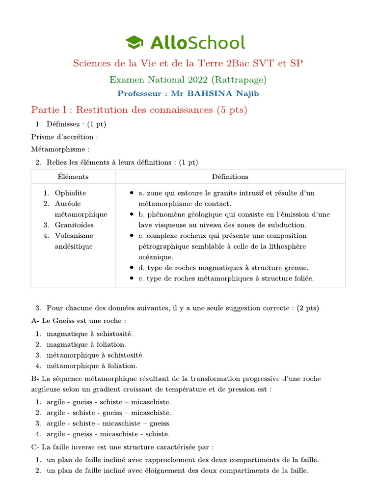 SVT 2bac SVT Examen National 2022 Rattrapage 2 | PDF
