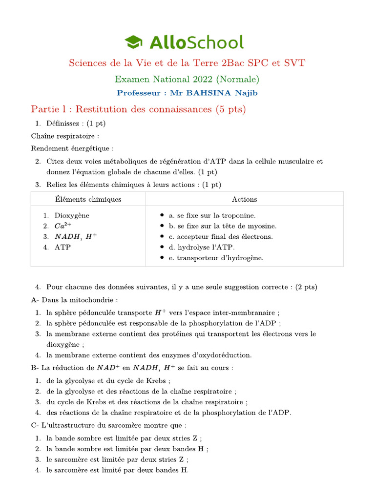 SVT 2bac SPC Examen National 2022 Normale 1 | PDF