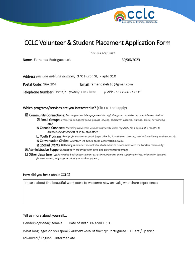 CCLC Volunteer Student Application Form 2024 | Download Free PDF ...