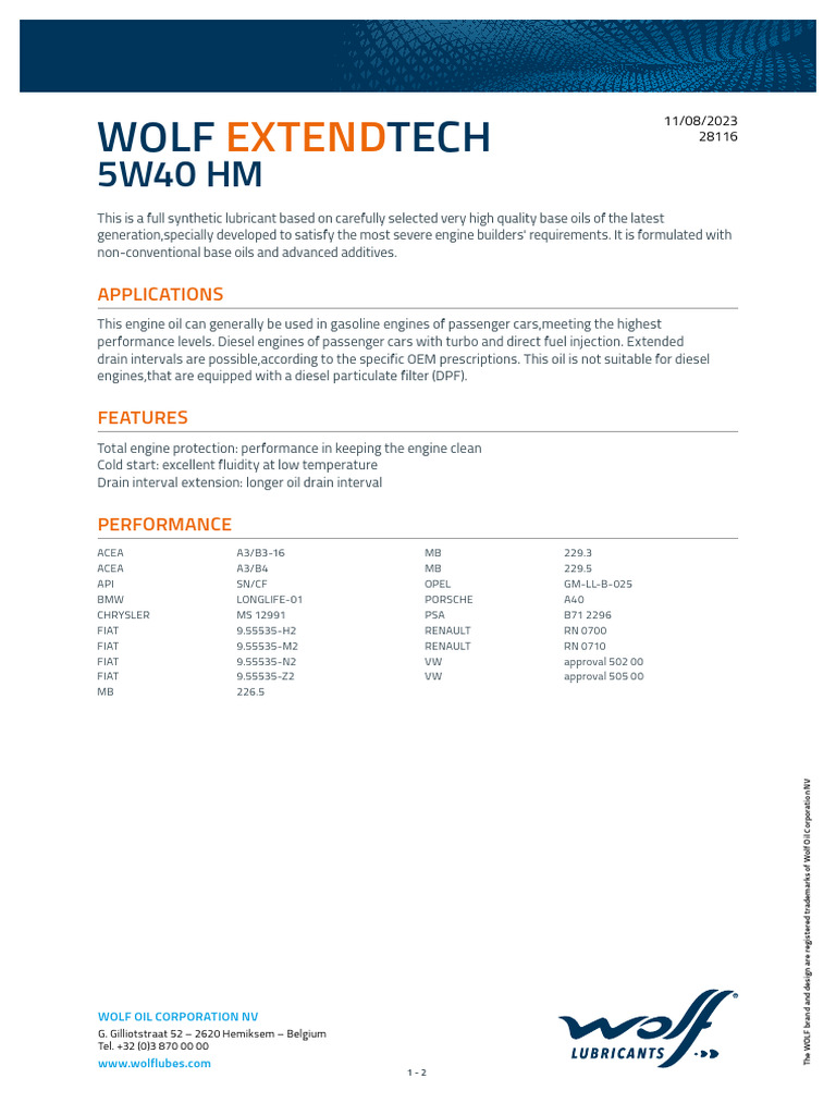 Wolf ExtendTech 5W-40 HM | PDF | Motor Oil | Motor Vehicle