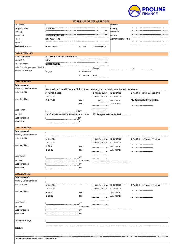 Formulir Order Penilaian Proline Finance | PDF