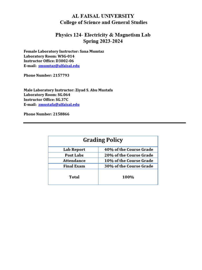00 PHU 124-Syllabus-Spring 2023-2024 | PDF | Electrical Engineering | Electricity