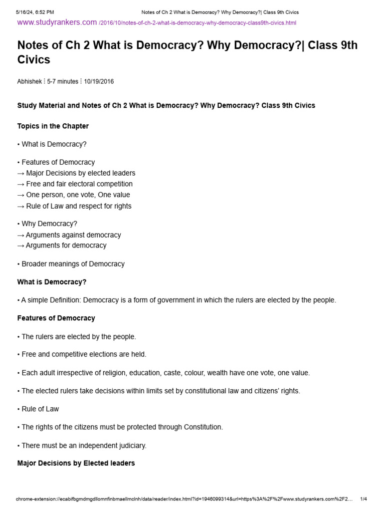 Notes of CH 2 What Is Democracy - Why Democracy - Class 9th Civics ...