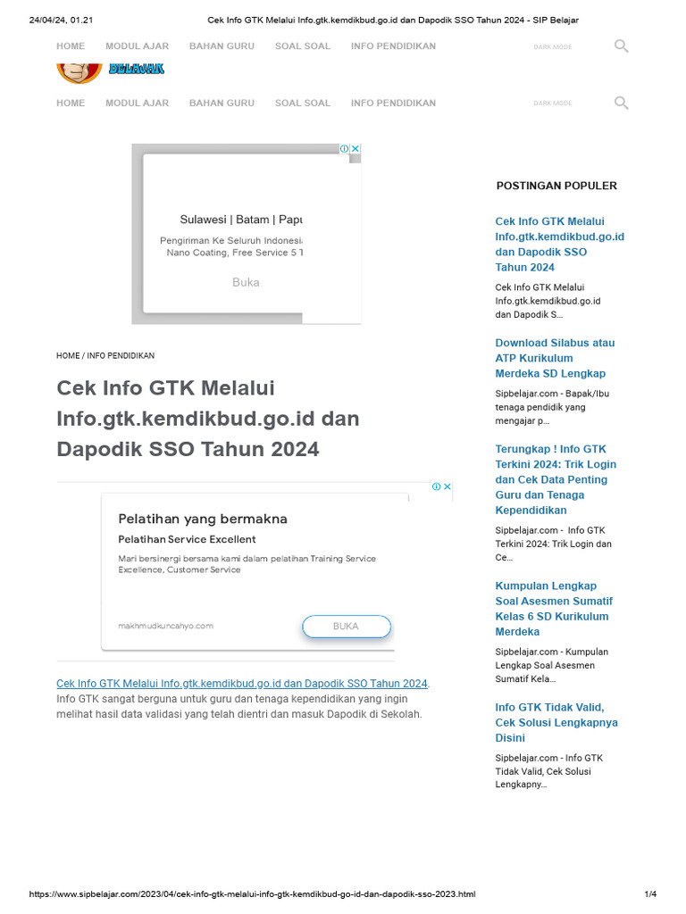 Cek Info GTK Melalui Info - Gtk.kemdikbud - Go.id Dan Dapodik SSO Tahun 2024 - SIP Belajar | PDF