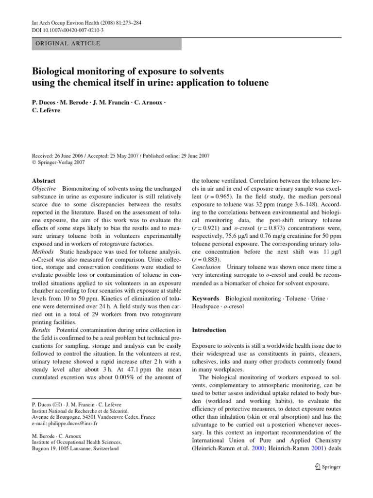 Biological Monitoring of Exposure To Solvents | PDF | Solvent | Gas ...