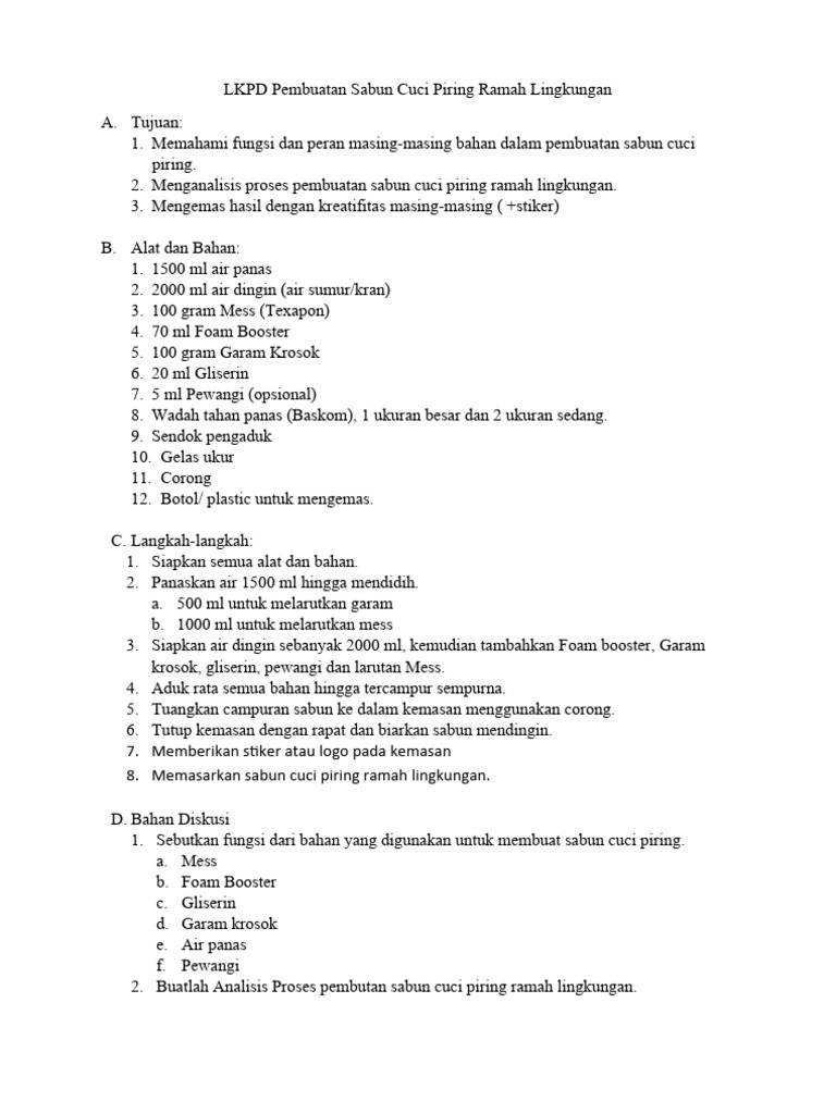 LKPD Pembuatan Sabun Cuci Piring Ramah Lingkungan | PDF