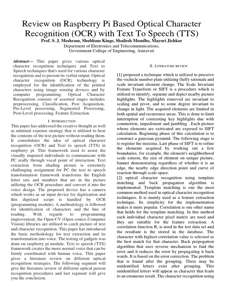 Review Paper On Raspberry Pi Based Ocr With Tts (19104013, 18004037, 18004051) | PDF | Optical ...
