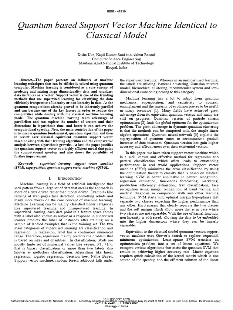 Quantum Based Support Vector Machine Identical To Classical Model | PDF | Support Vector Machine ...