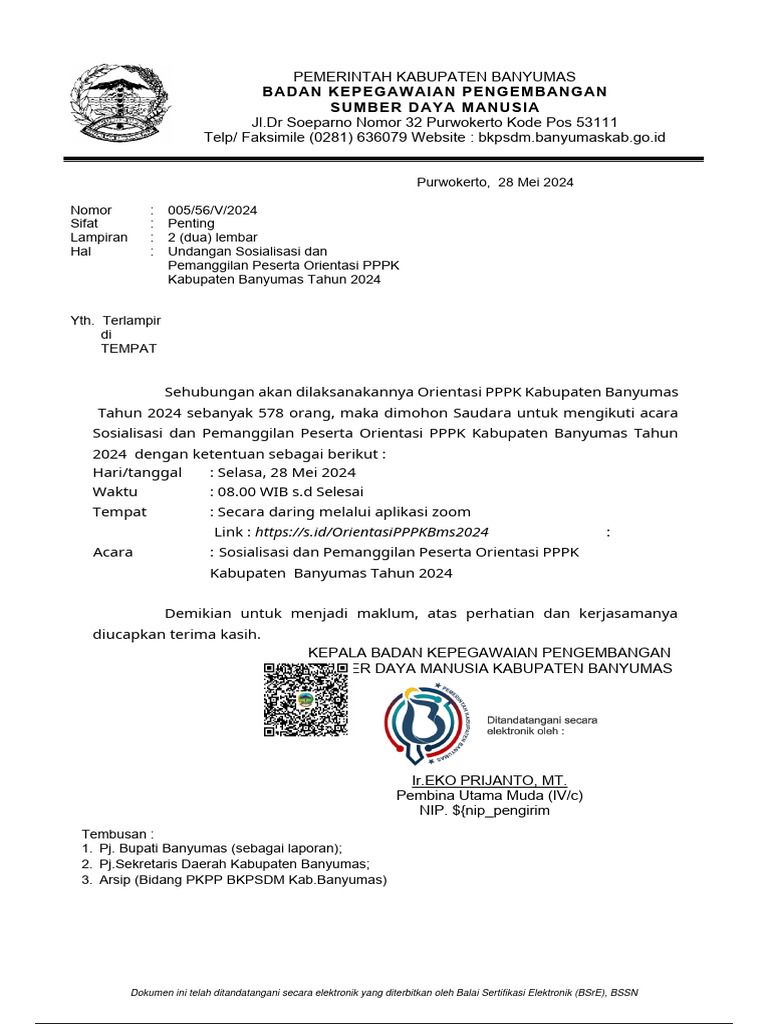 Undangan Peserta Orientasi PPPK 2024 | PDF