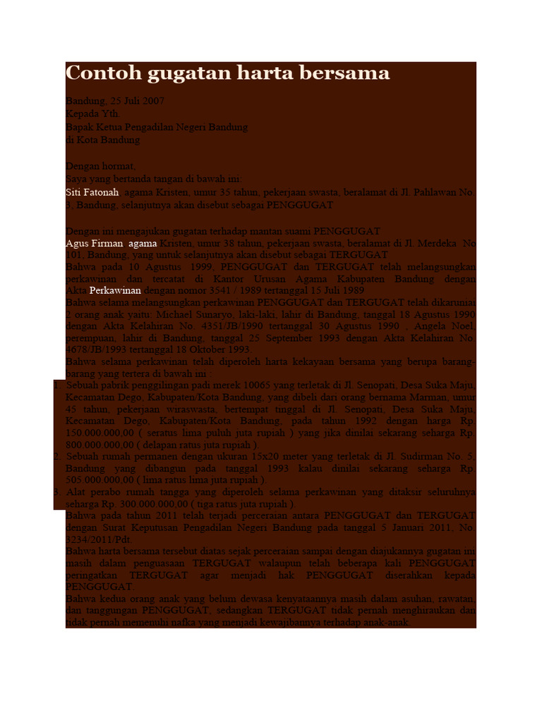 Contoh Gugatan Harta Bersama | PDF | Hukum