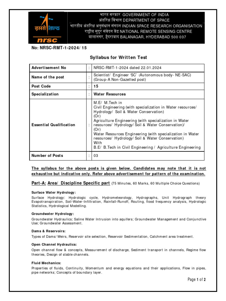 NRSC-RMT-1-2024 Post Code 15 Syllabus | PDF | Hydrology | Groundwater