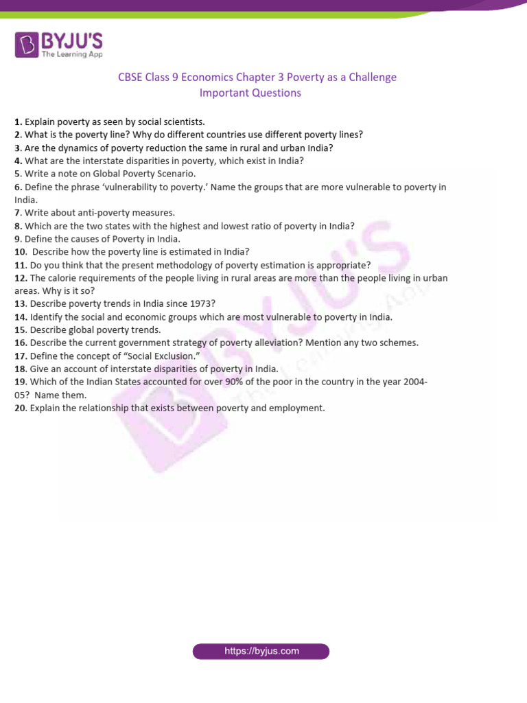 Economics Chapter 3 Poverty As A Challenge Important Questions | PDF Economics Chapter 3 Poverty As A Challenge Important Questions | PDF
