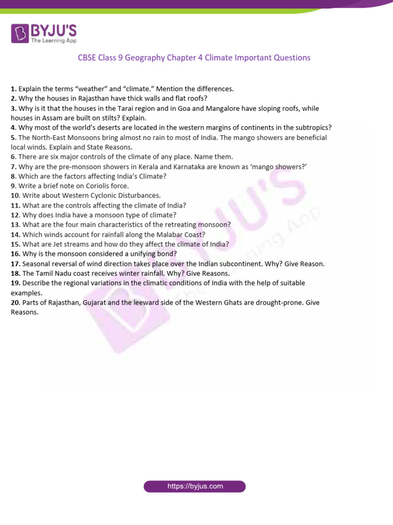 Geography Chapter 4 Climate Important Questions | PDF