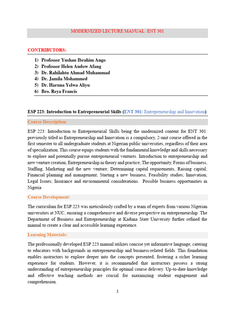 Ent 301-Lecture Manual B | PDF | Entrepreneurship | Marketing