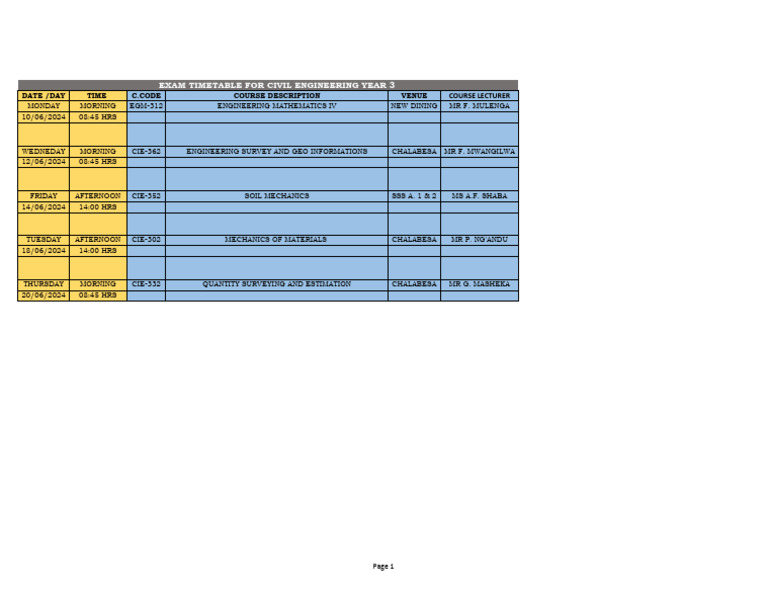 Civil Eng Year 3 Exam Schedule 2024 | PDF