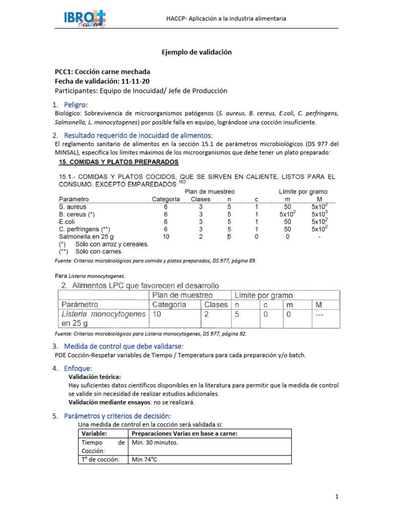 Ejemplo PCC Validación | PDF | Análisis de Riesgo y Puntos Críticos de Control | Biología