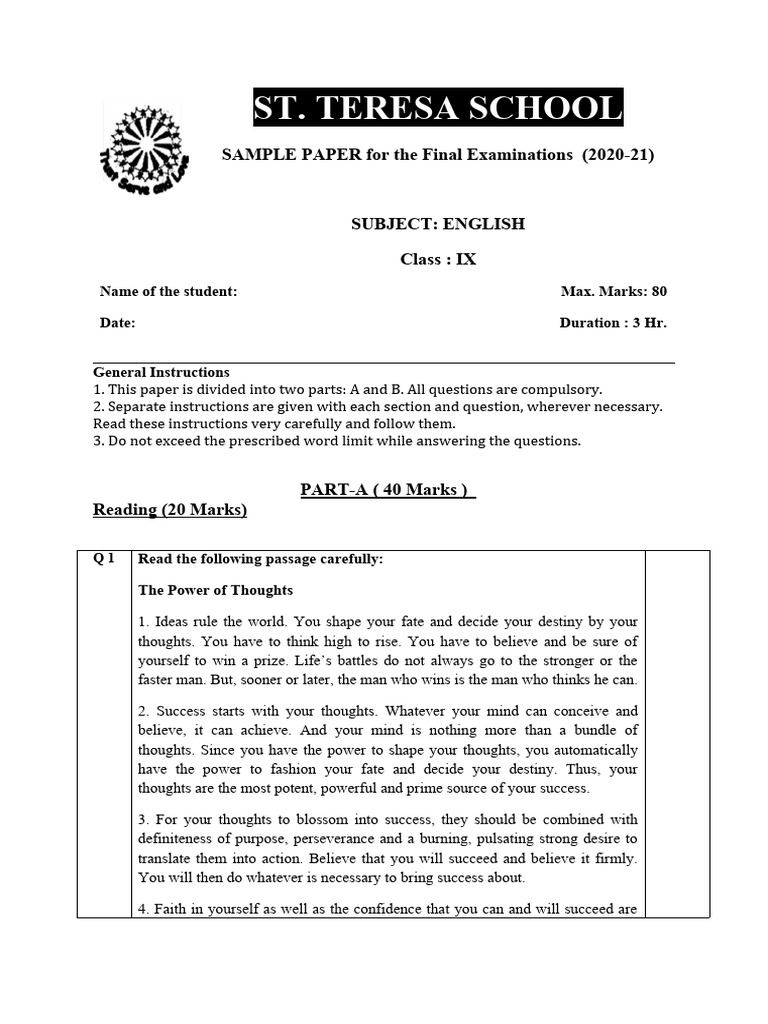 English Sample Paper | PDF | Thought