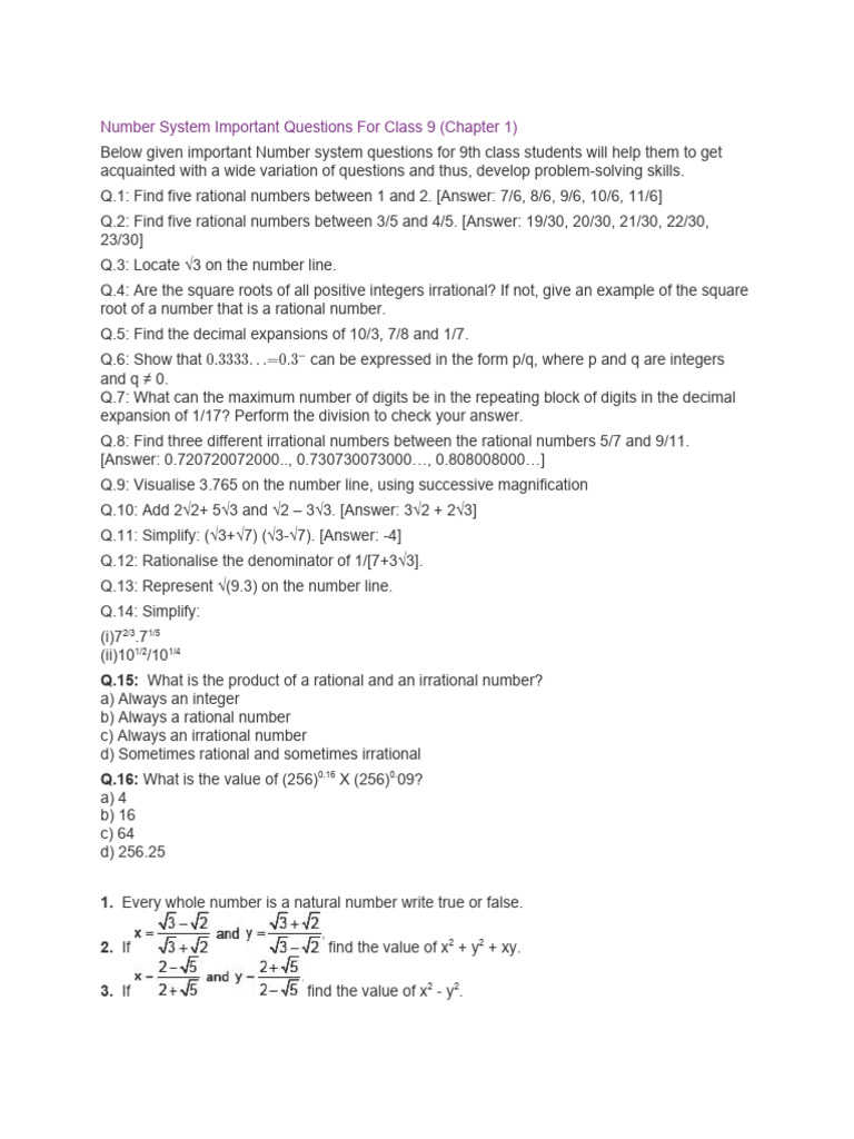 Number System Important Questions For Class 9 | PDF | Numbers ...