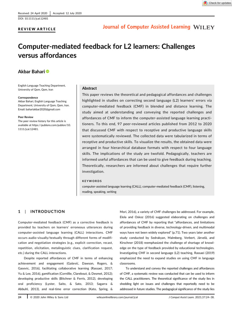Computer Assisted Learning - 2020 - Bahari - Computer Mediated Feedback ...