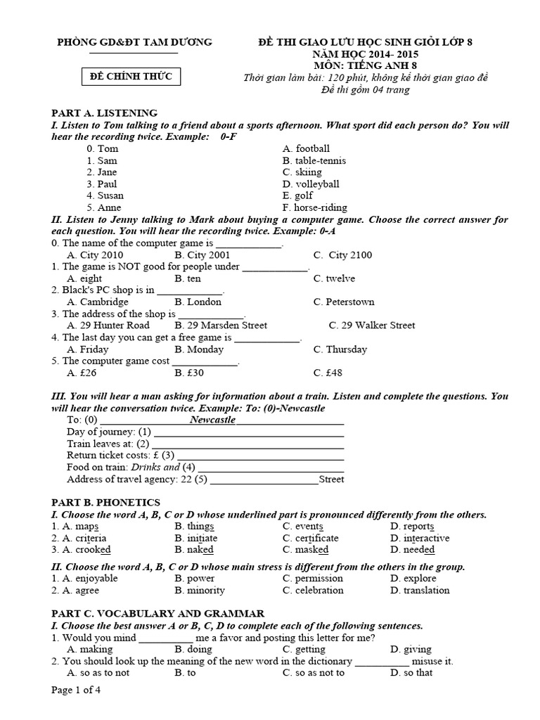 De Thi HSG Anh 8 Dap An 2015 | PDF | Desert | The Muppets