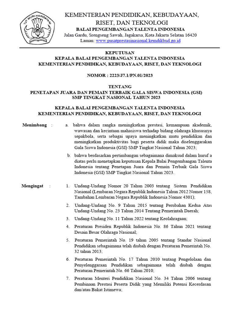 SK Juara Gala Siswa Indonesia SMP Tahun 2023 | PDF