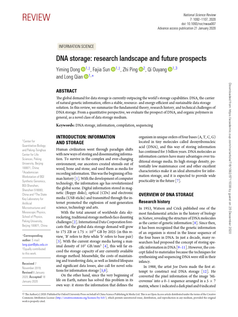 DNA Storage Research Landscape and Future Prospect | PDF | Data Compression | Information