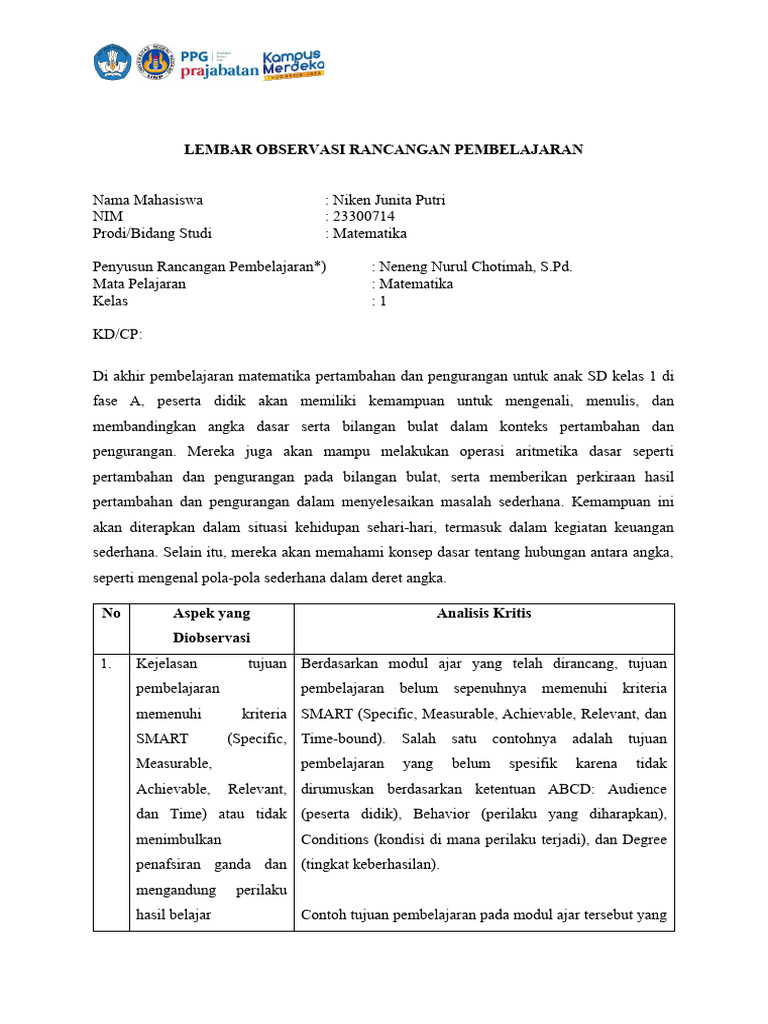 LEMBAR OBSERVASI RANCANGAN PEMBELAJARAN Niken | PDF