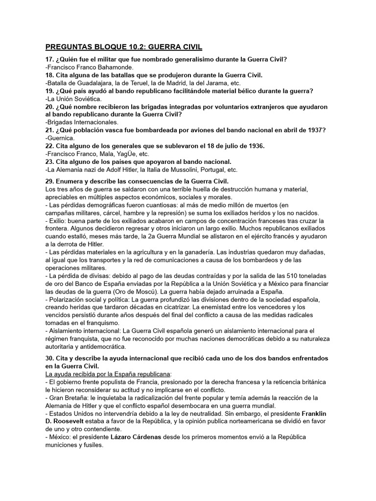 (Historia) Bloque 10.2 - Preguntas Guerra Civil | Descargar gratis PDF | guerra civil Española ...