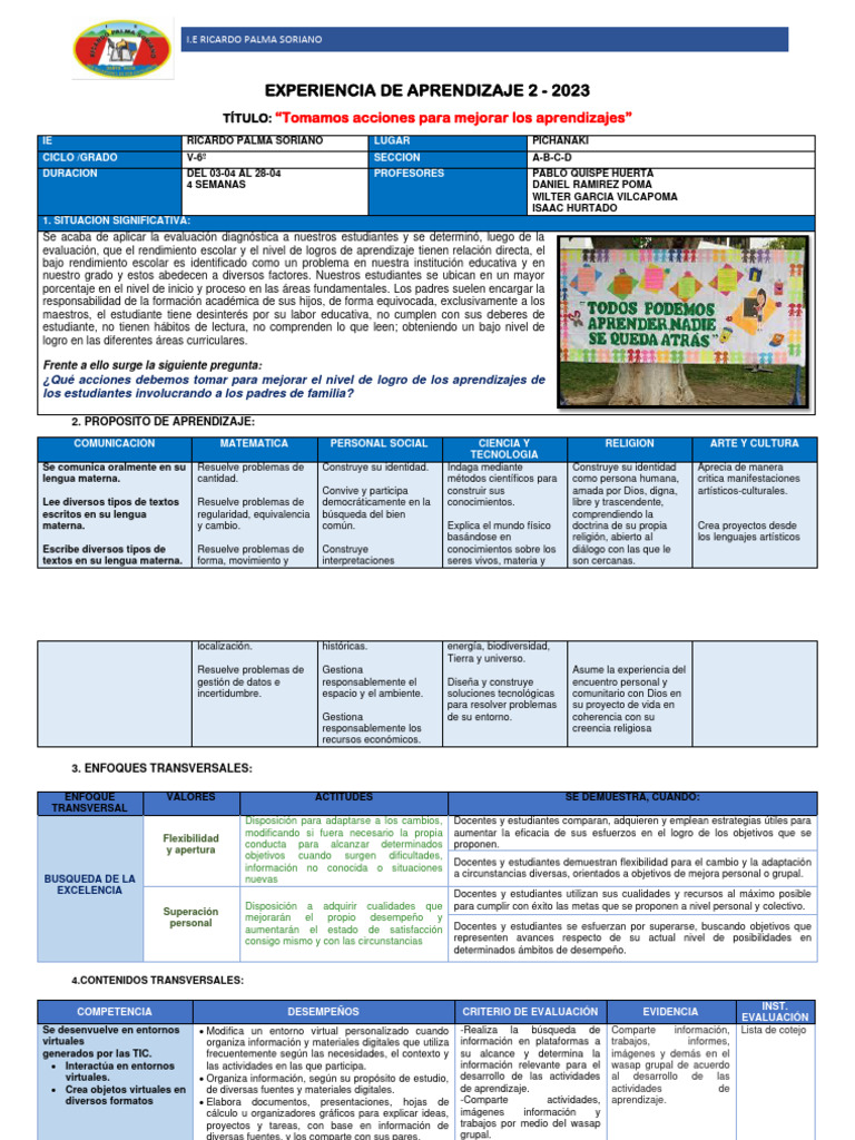 Experiencia de Aprendizaje 2 | PDF | Evaluación | Aprendizaje