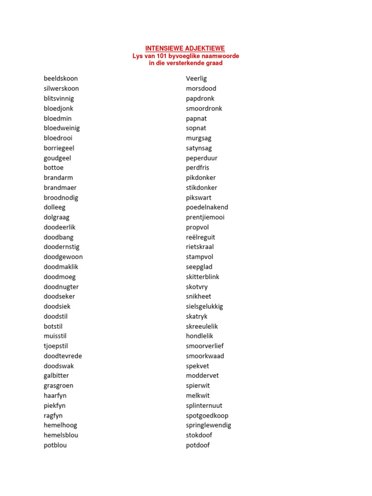 Afrikaans FAL Intensiewe Adjektiewe | PDF