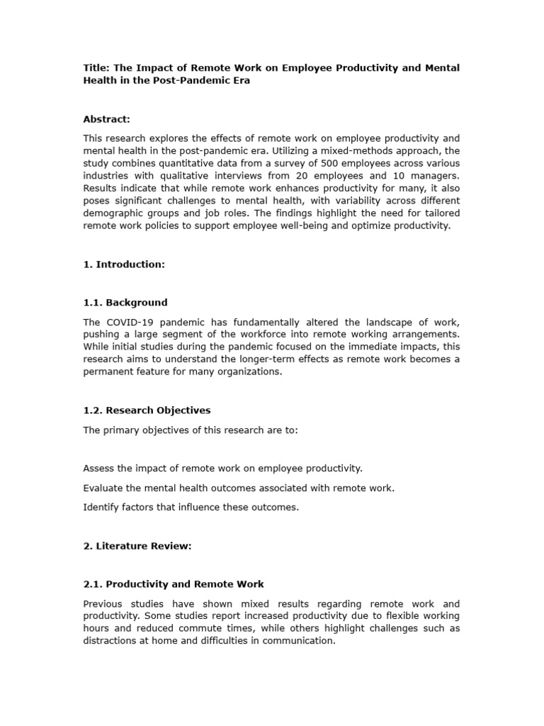Remote Work's Effects on Productivity & Mental Health | PDF | Survey ...