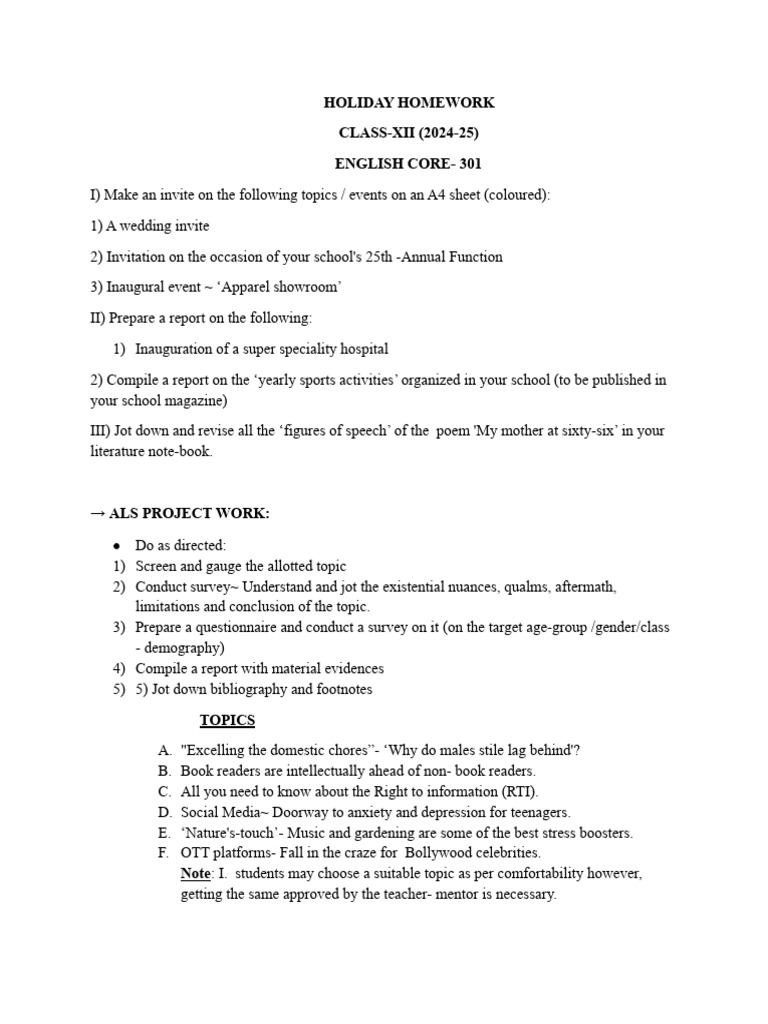 Holiday Homework (English Core - 2024-25) | PDF