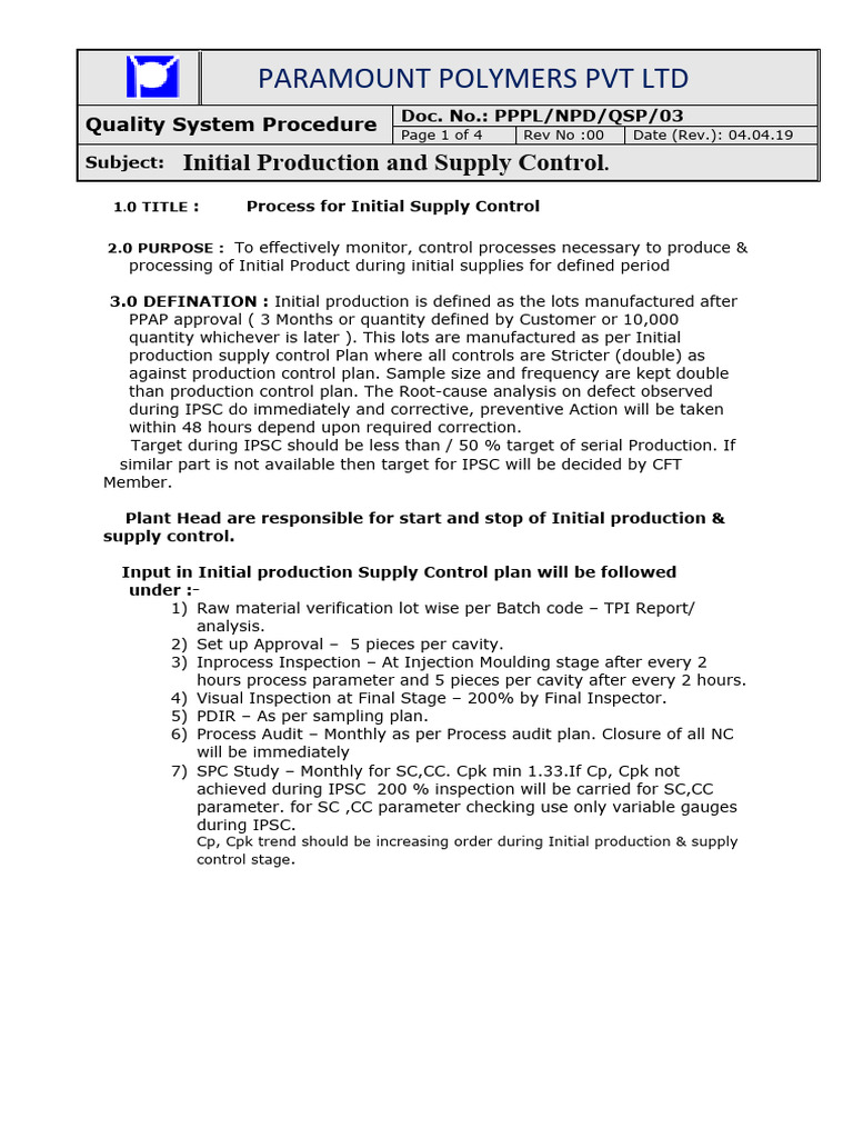 PPPL-NPD-QSP-03 - Initial Production and Supply Control | PDF | Quality ...