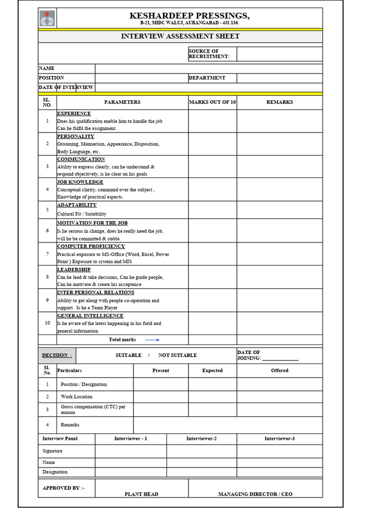 Interview Assessment Sheet | PDF | Learning | Psychology