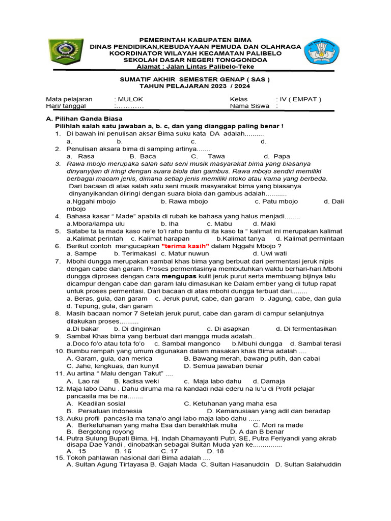Sumatif Akhir Genap Mulok | PDF | Seni & Disiplin Bahasa