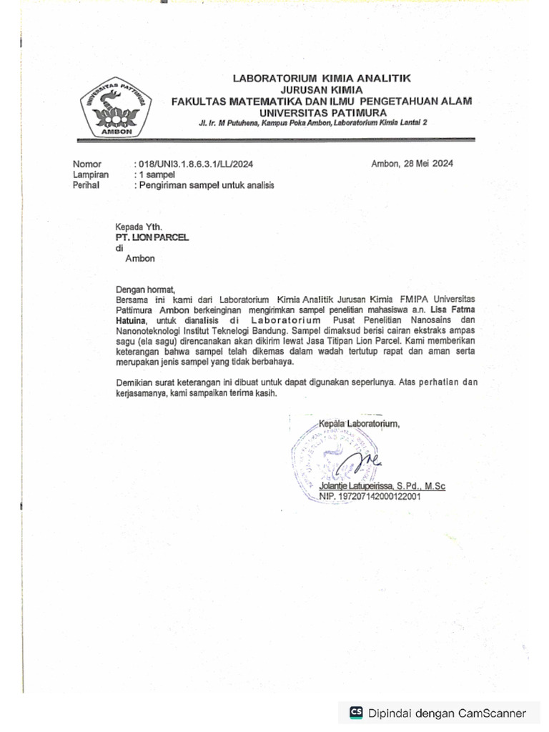 Surat Keterangan Pengiriman Sampel | PDF