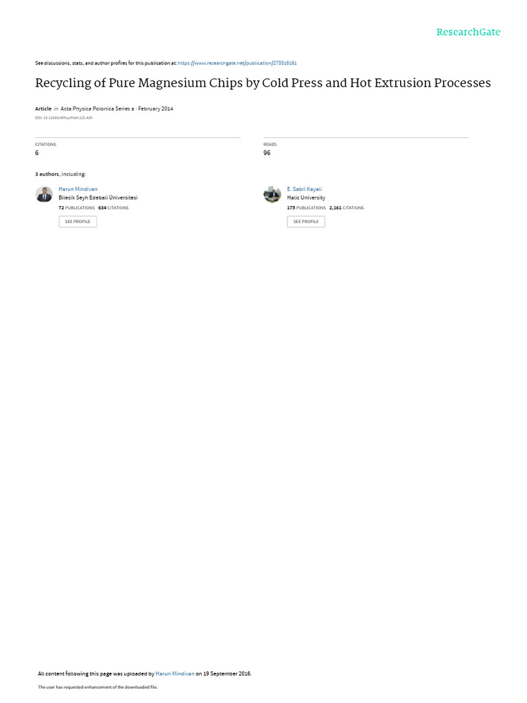 Recyclingof Pure Magnesium Chipsby Cold Pressand Hot Extrusion ...