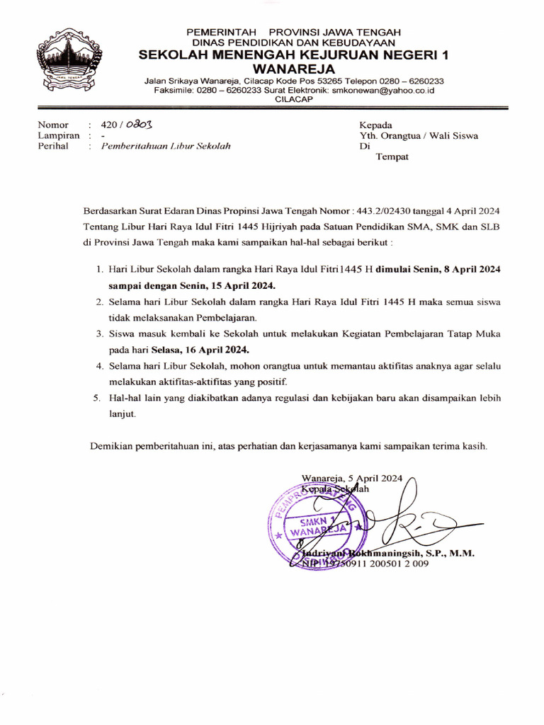 Edaran Libur Sekolah-1 | PDF