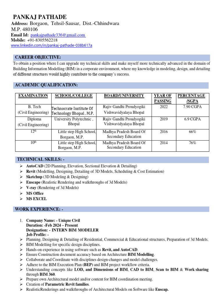 Resume PANKAJPATHADE | PDF | Building Information Modeling | Autodesk Revit