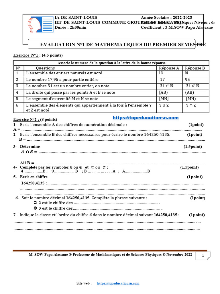 Evaluation MATHS N°1 Semestre1 Classe 6e 2022 2023785 | PDF | Entier ...