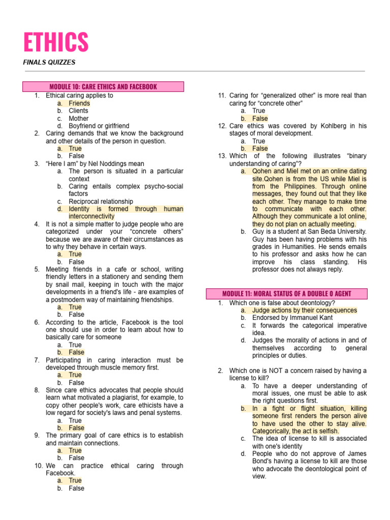 Ethics Quizzes (Finals) | PDF | Truth