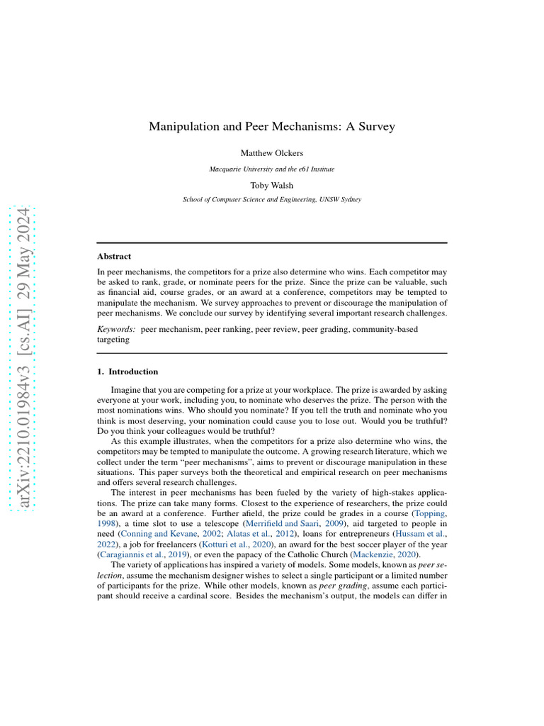 Manipulation and Peer Mechanisms: A Survey: Keywords | PDF | Audit ...