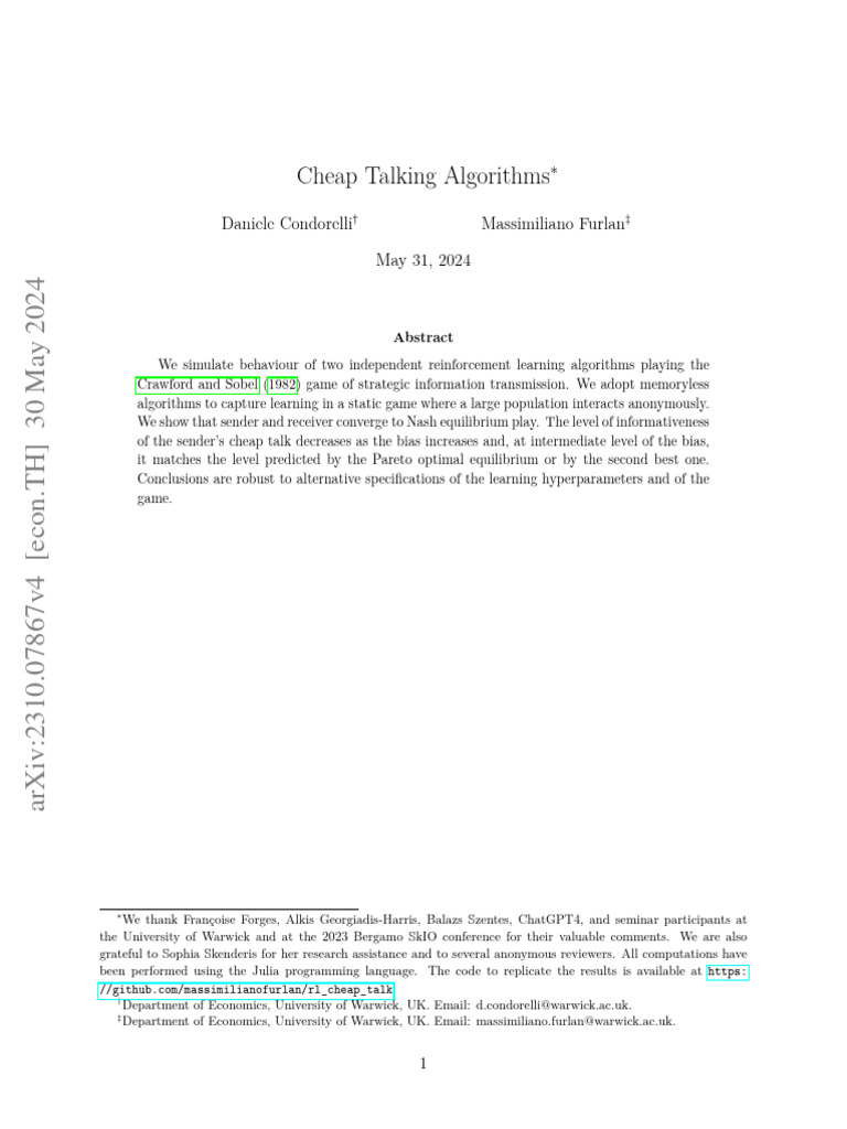 Cheap Talking Algorithms | PDF | Game Theory | Information
