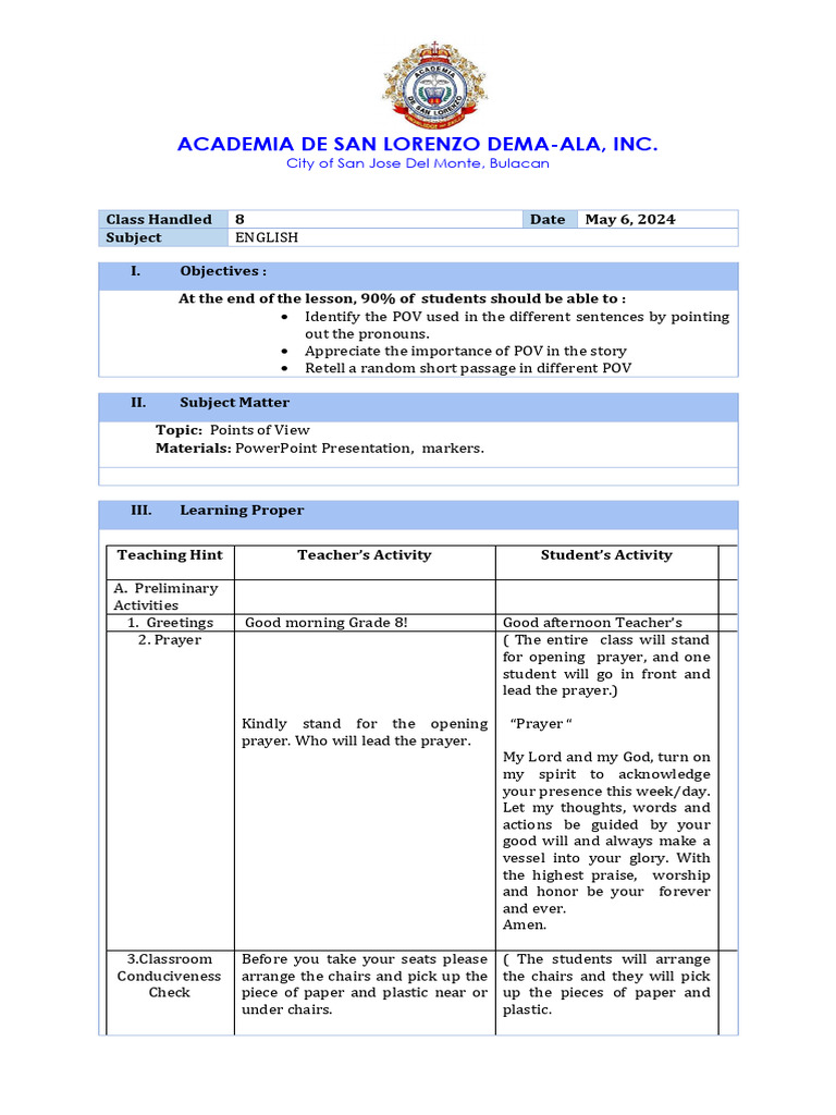 Detailed Lesson Plan | PDF | Narration