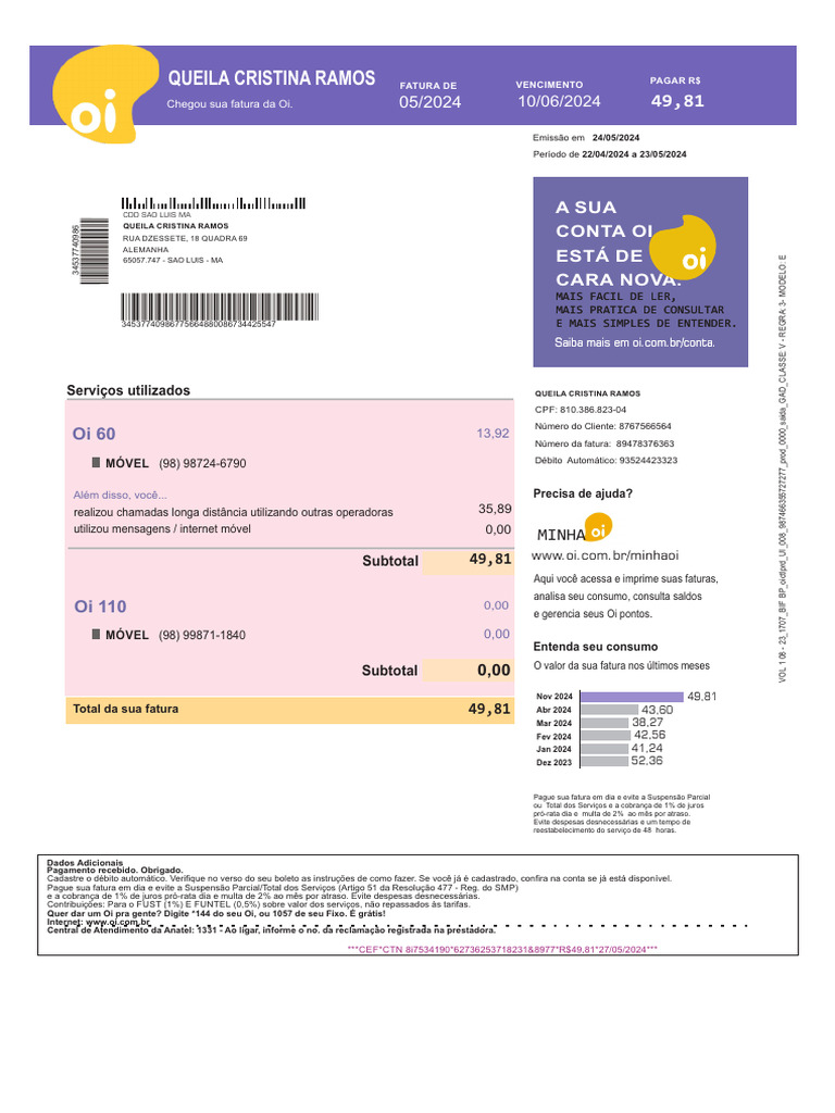 Fatura Oi Plano | PDF