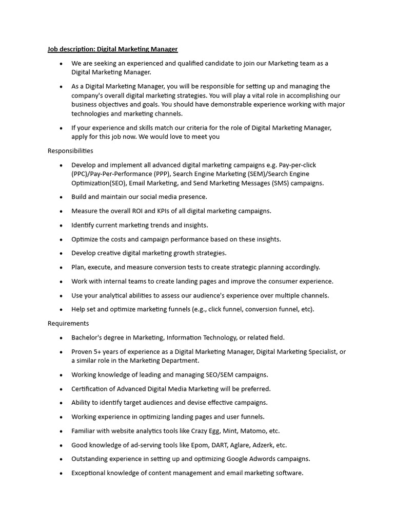 JD - Digital Marketing Manager | PDF | Digital Marketing | Search ...