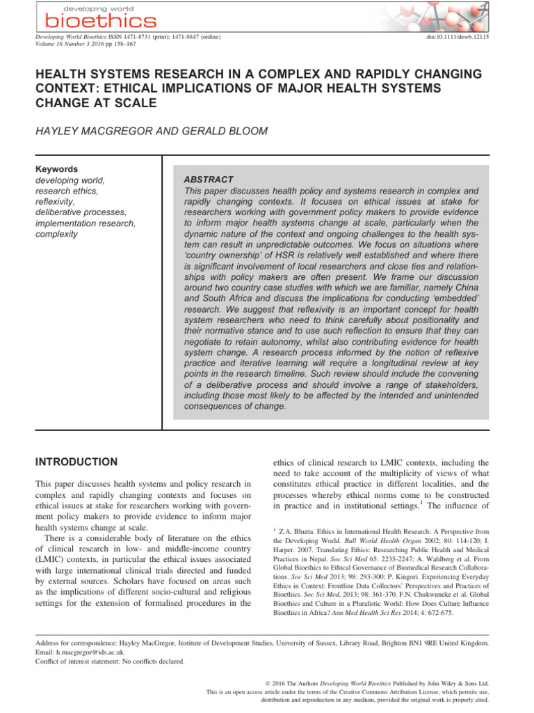 Developing World Bioethics - 2016 - MacGregor - Health Systems Research in A Complex and Rapidly ...