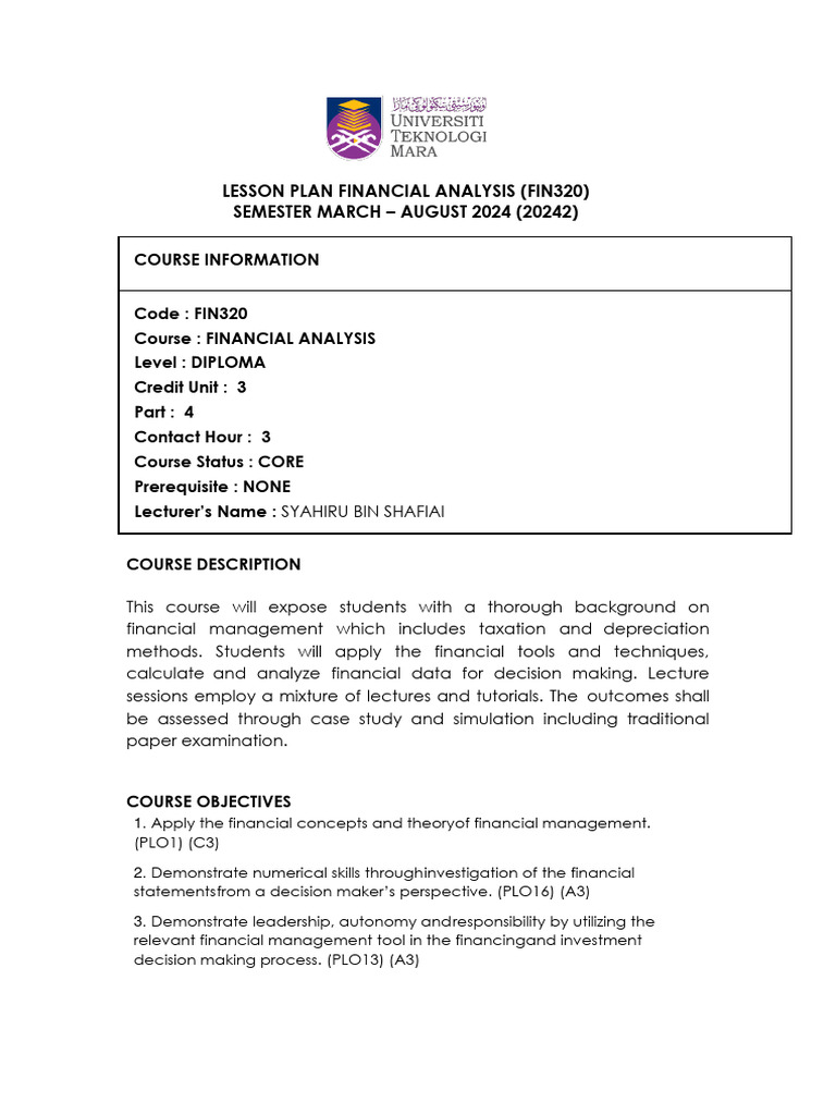 Lesson Plan Fin320 March 2024 - Aug 2024 | PDF | Capital Budgeting ...