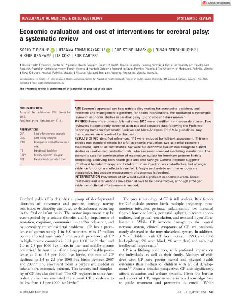 Develop Med Child Neuro - 2018 - Shih - Economic Evaluation and Cost of Interventions For ...